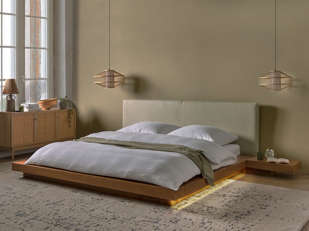 Bed with LED Boucle ZEN 180 x 200 cm EU Super King LED Natural Ash Wood Beliani
