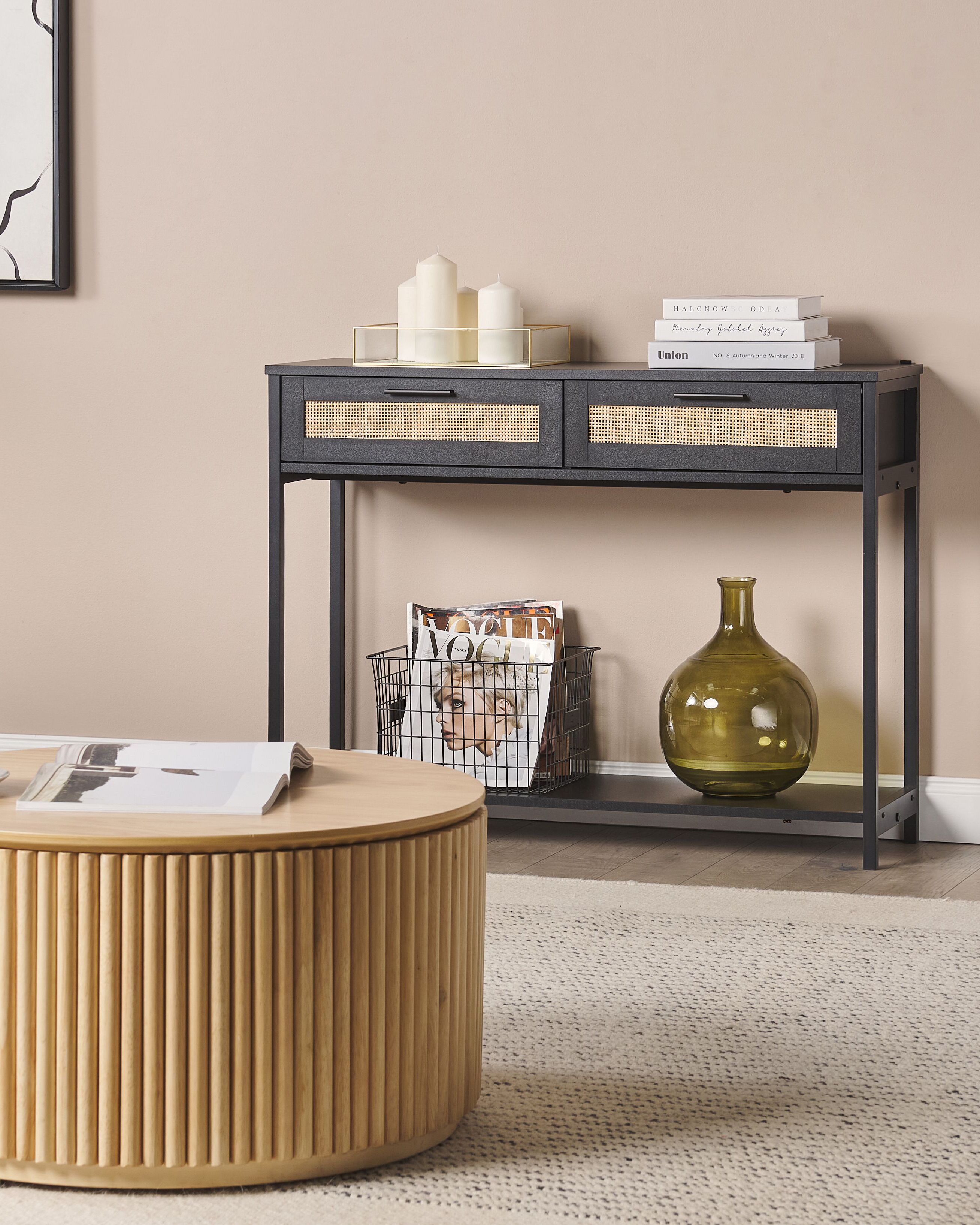 Rattan 2 Drawer Console Table Black OPOCO | Beliani.co.uk