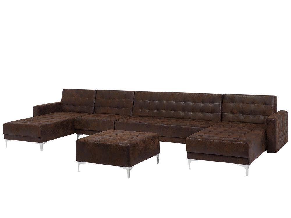 6 Seater U Shaped Modular Faux Leather Sofa with Ottoman Brown ABERDEEN Beliani
