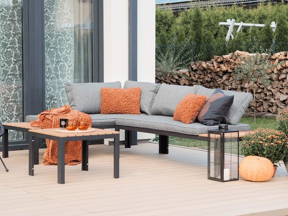 4 Seater Modular Garden Corner Sofa Set Grey and Light Wood PIENZA Beliani