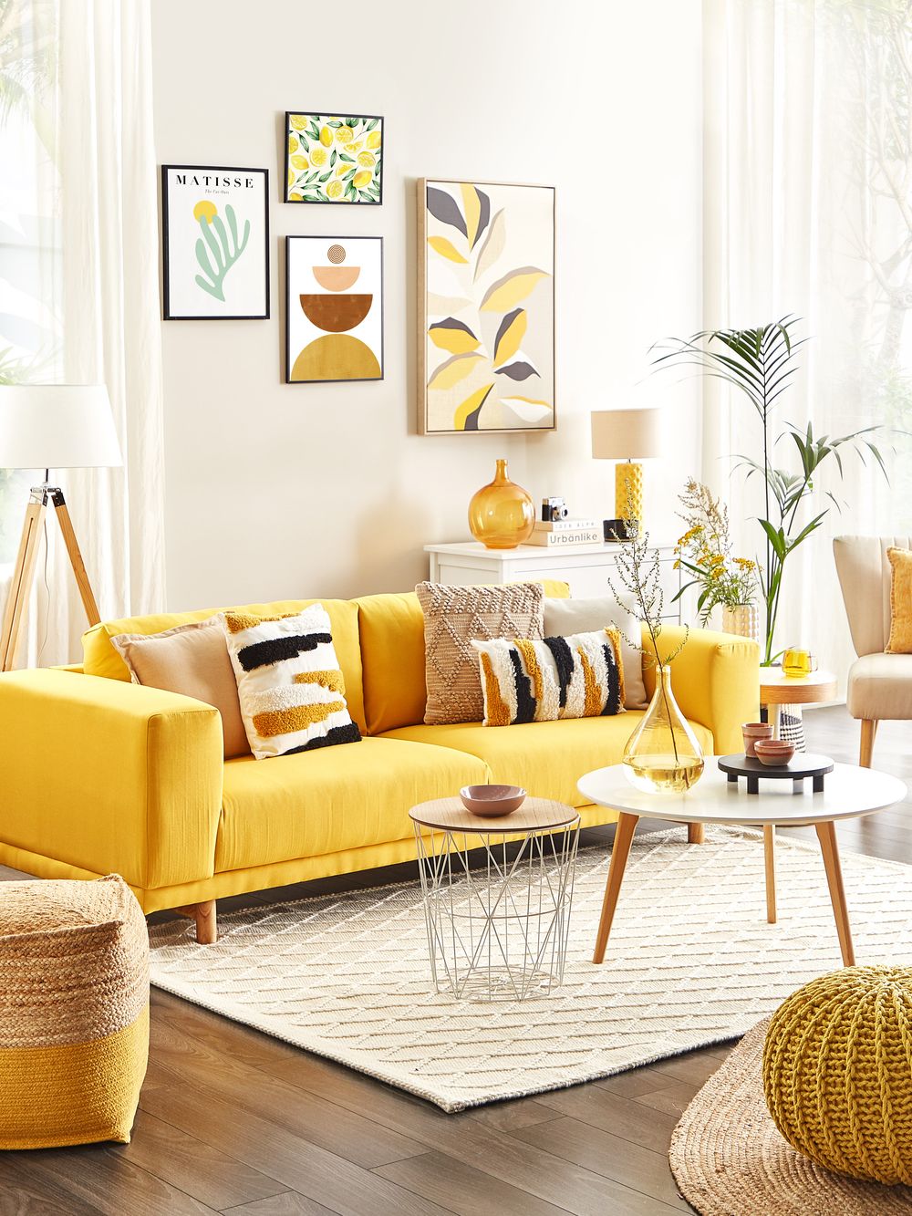 3 Seater Fabric Sofa Yellow NIVALA Beliani