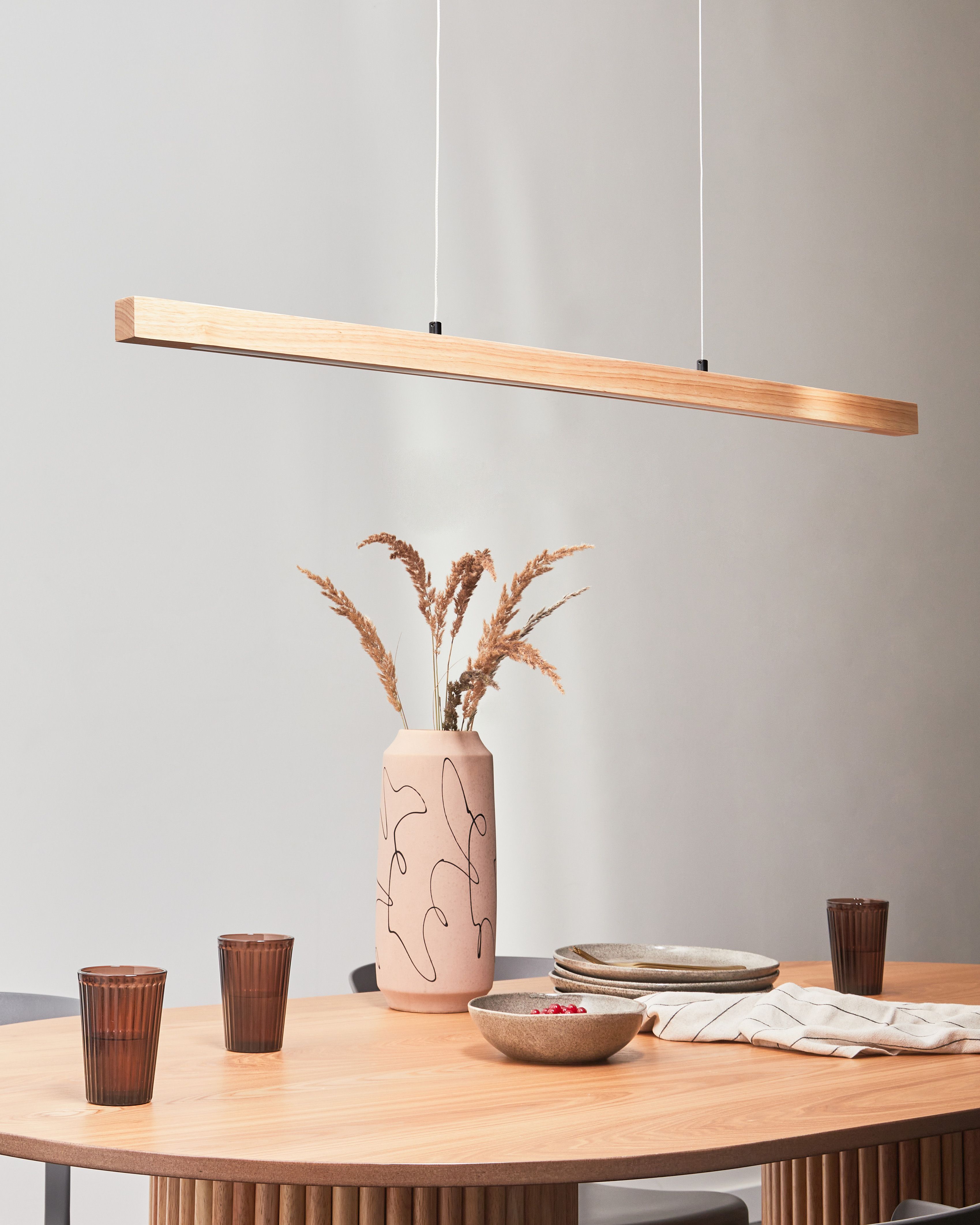 Candeeiro suspenso LED com regulador de luminosidade em madeira clara ...