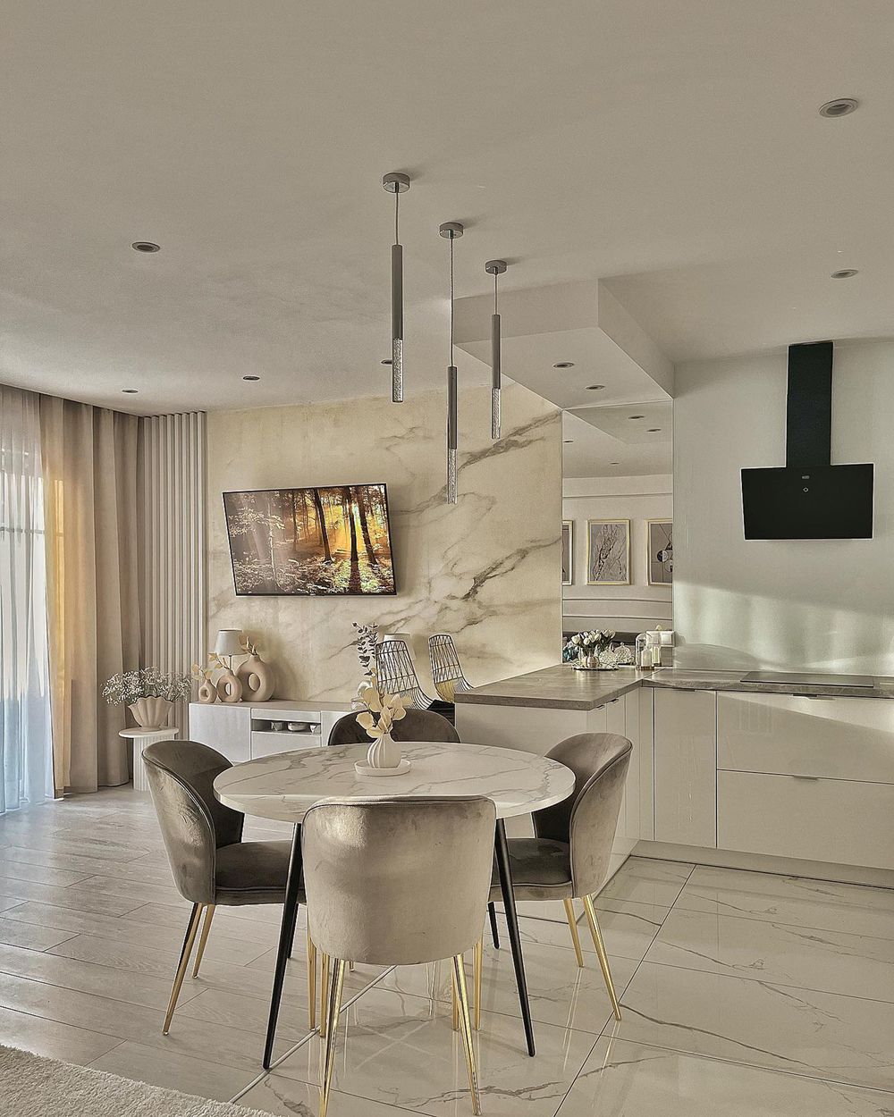 Round Dining Table 120 cm White Marble Effect with Black ODEON Beliani