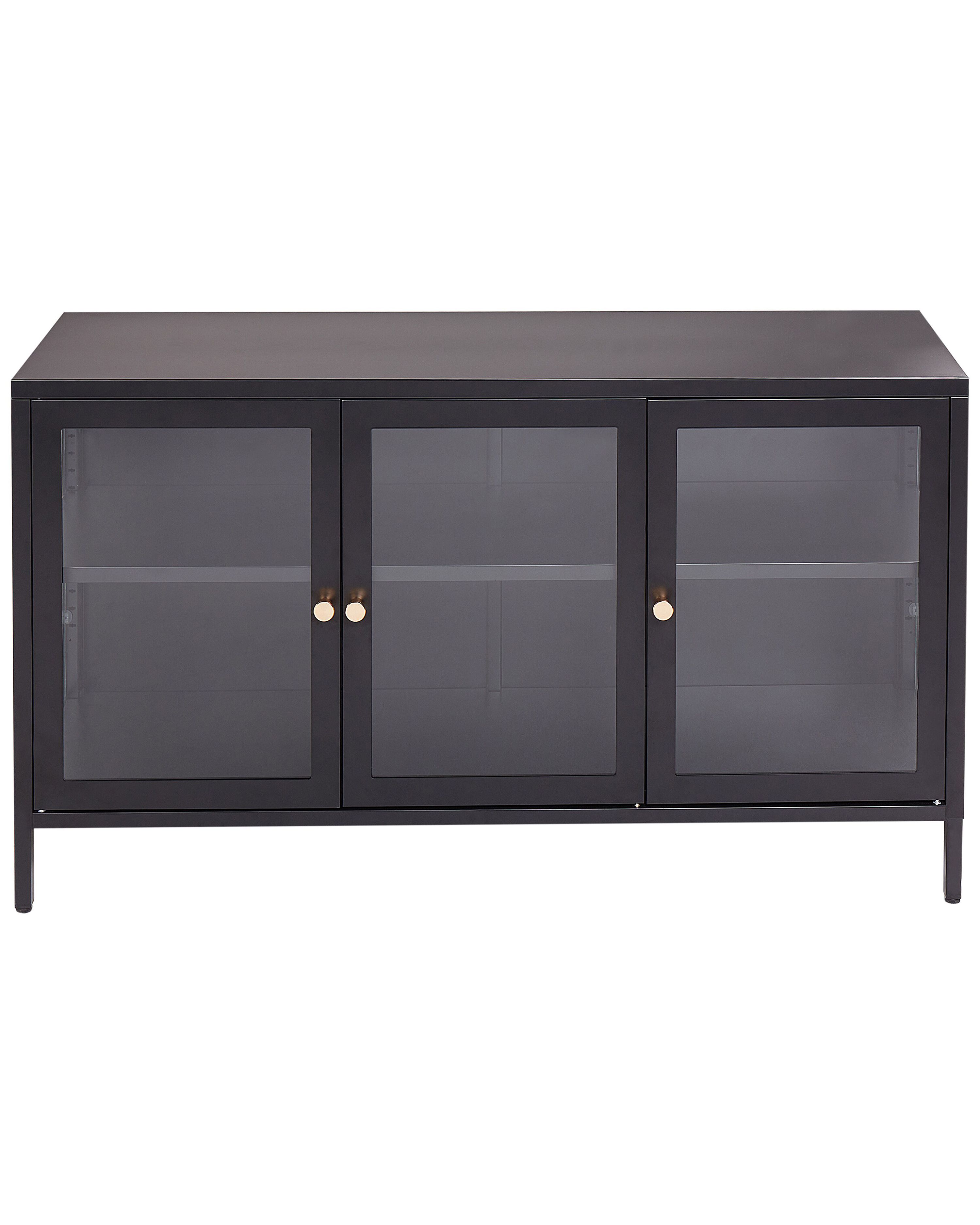 3 Door Metal LED Sideboard with Glass Display Black NEWPORT | Beliani.co.uk