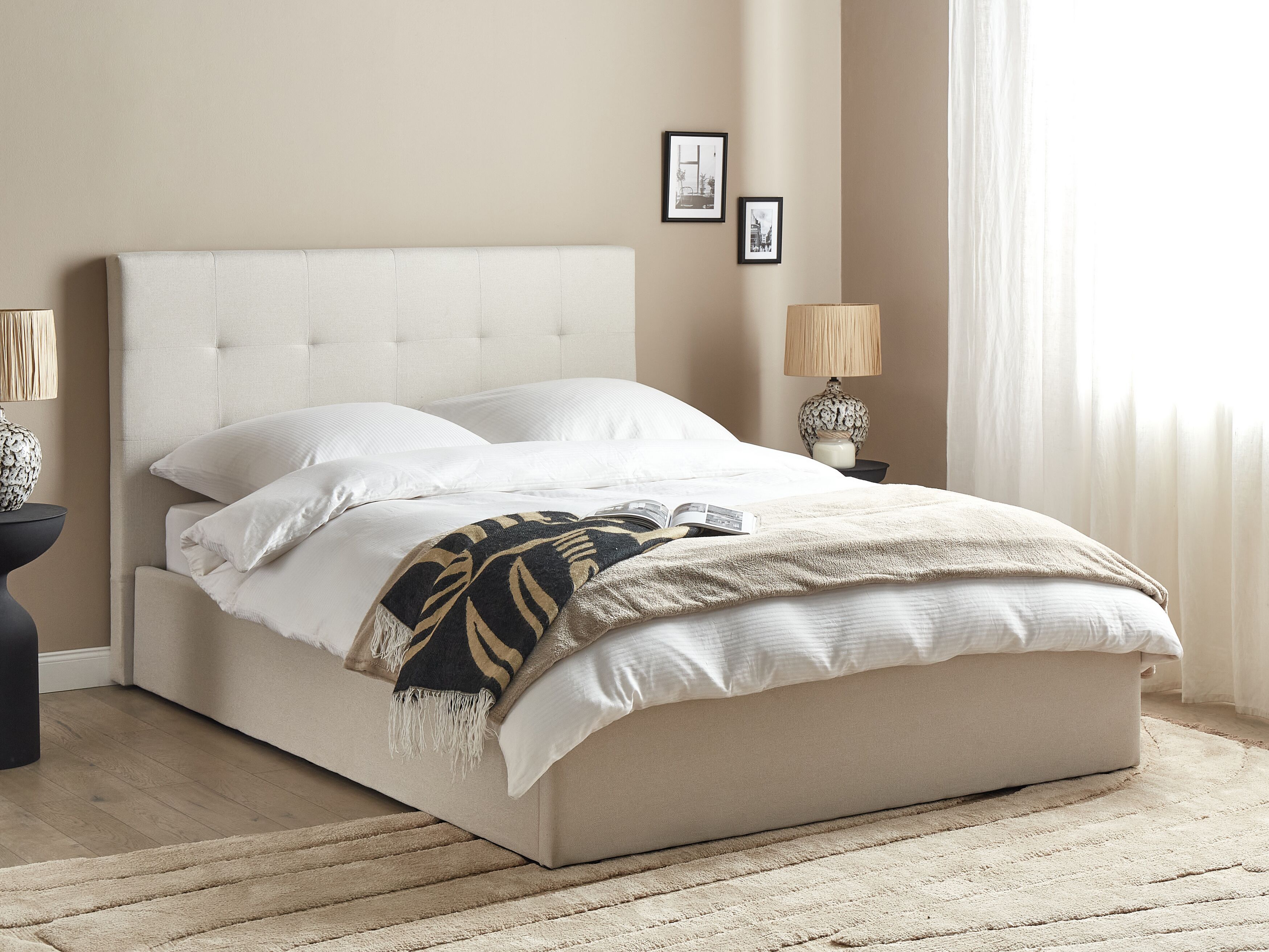 Ottoman Bed Fabric LORIENT 140 x 200 cm (EU Double) Beige | Beliani.co.uk