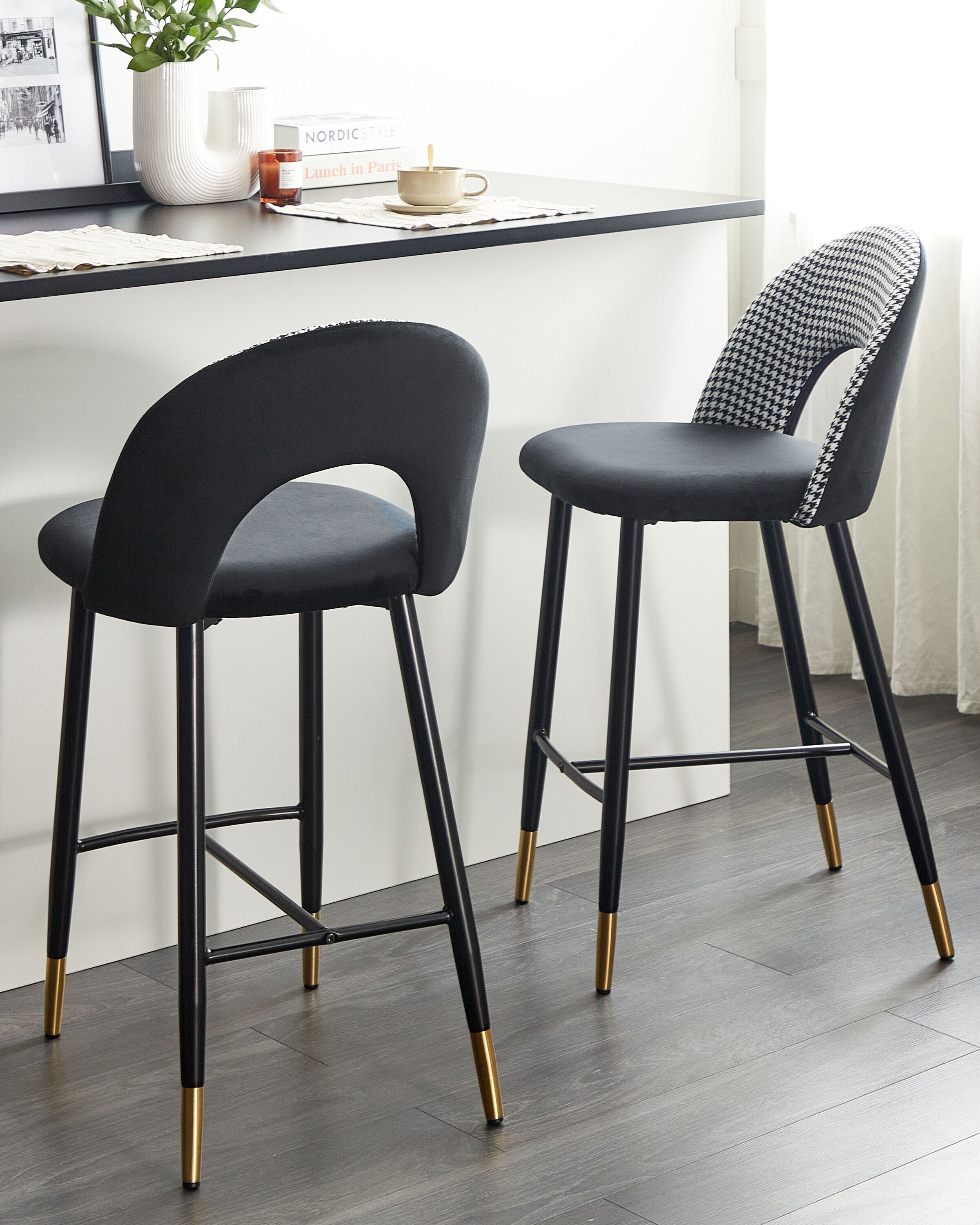 Set of 2 Bar Chairs FALTON Velvet Black/ White | Beliani.co.uk