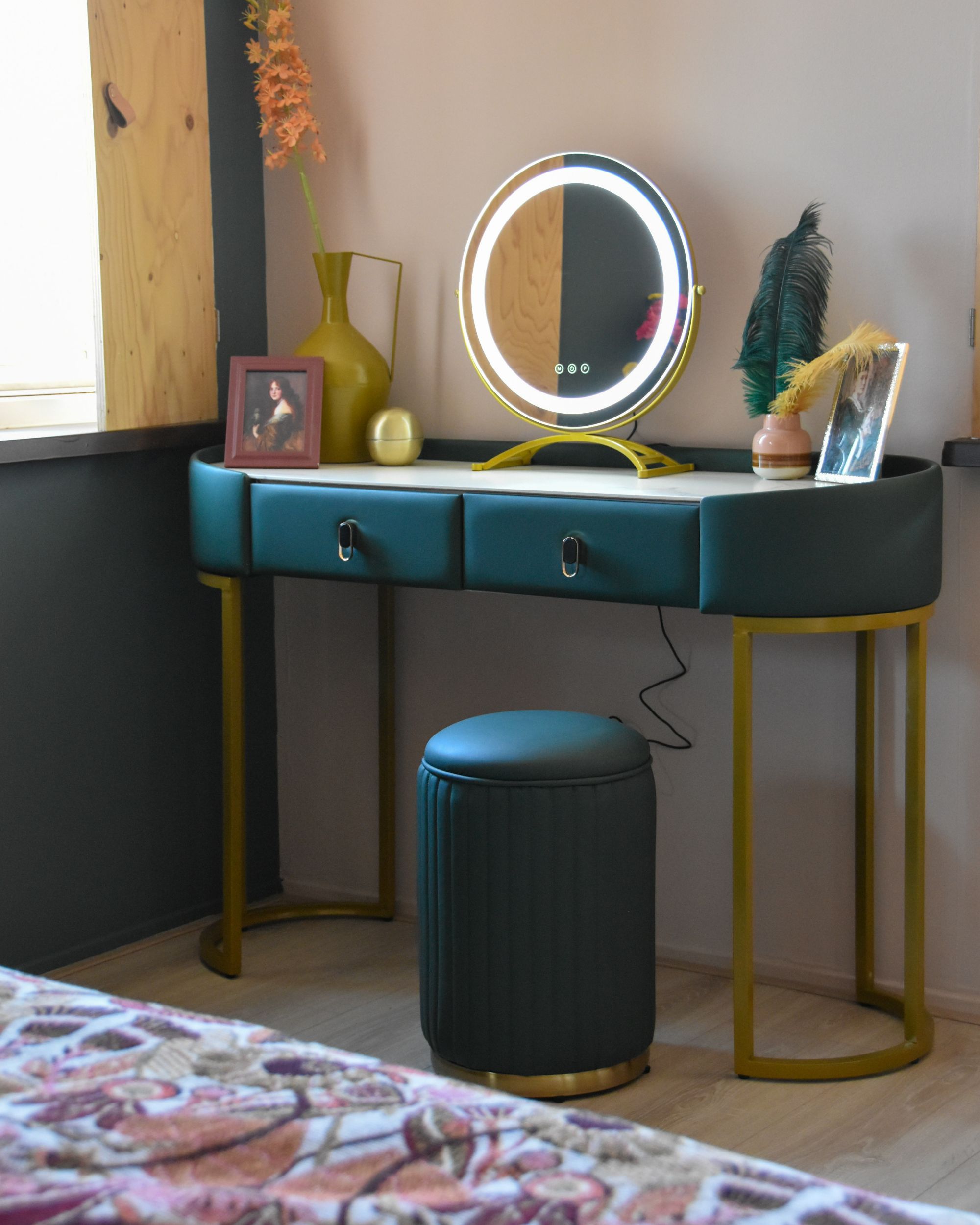 Dressing Table with Mirror and Stool VINAX LED Dark Green | Beliani.co.uk