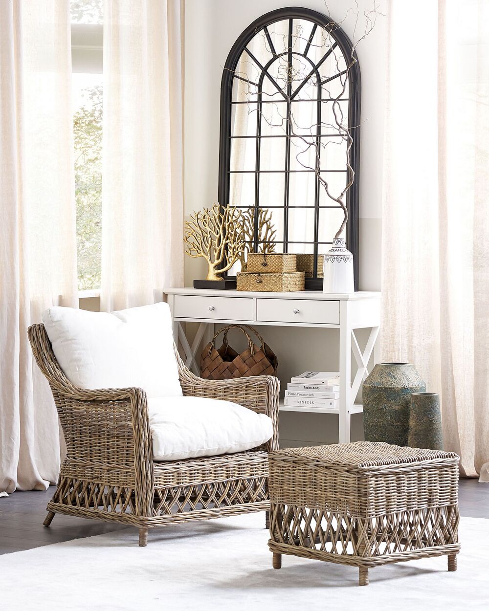 Garden Armchair RIBOLLA with Footstool Rattan Natural Beliani