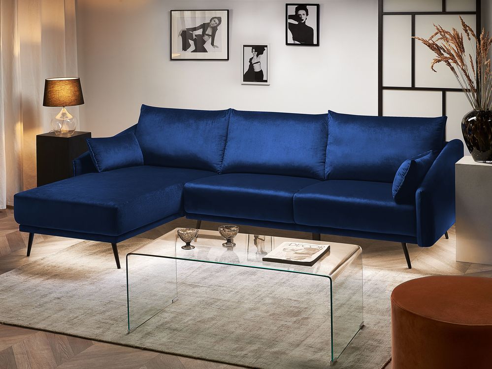 Right Hand Velvet Corner Sofa LED Navy Blue VARDE Beliani