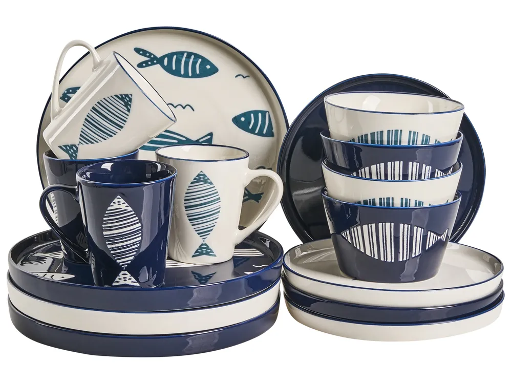 Conjunto de 16 peças de louça TAMARIND Porcelana Branco/Azul | Beliani.pt