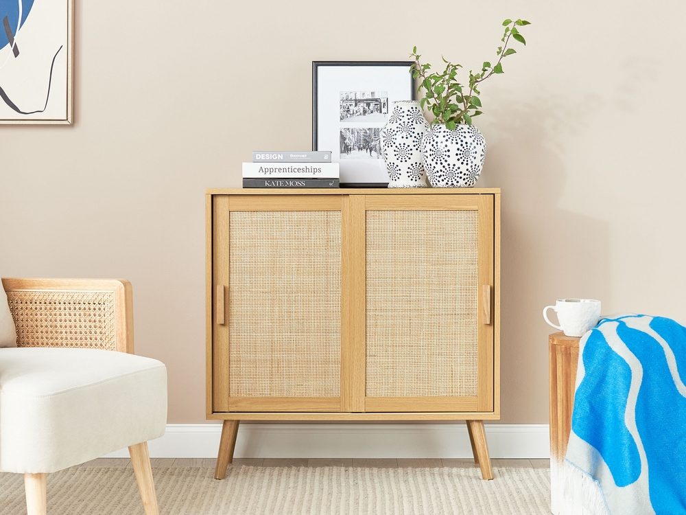Rattan 2 Door Sideboard Light Wood HODGEN Beliani