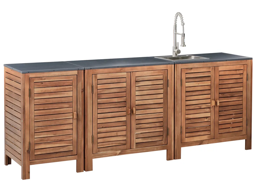 3 Piece Outdoor Kitchen Set with Sink BRUCOLI Acacia Wood Brown/ Silver ...