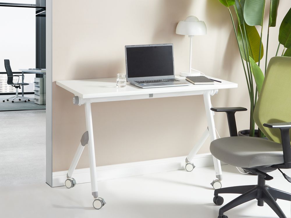Foldable Office Desk BENDI White 120 cm 60 cm with Wheels | Beliani.co.uk