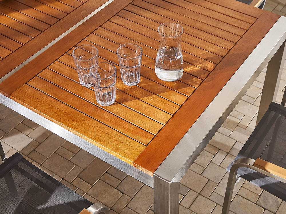 8 Seater Garden Dining Set Eucalyptus Wood Top with Black Rattan Chairs GROSSETO Beliani