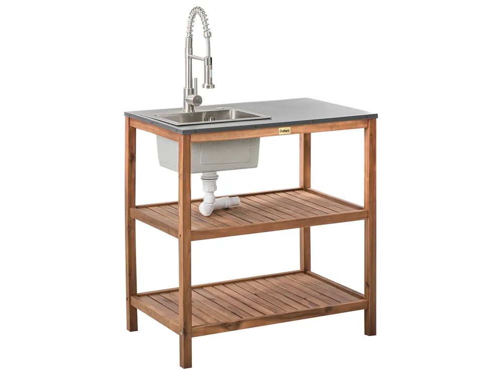 Outdoor Kitchen Island with Sink BRUCOLI Acacia Wood Brown/ Silver ...