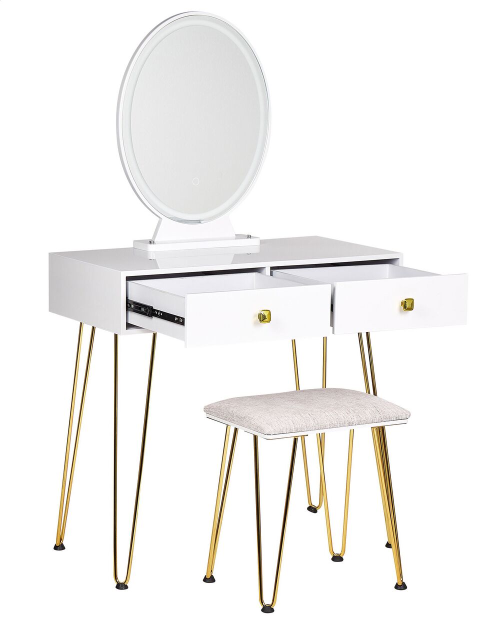 2 Drawers Dressing Table with LED Mirror and Stool White and Gold CAEN Beliani
