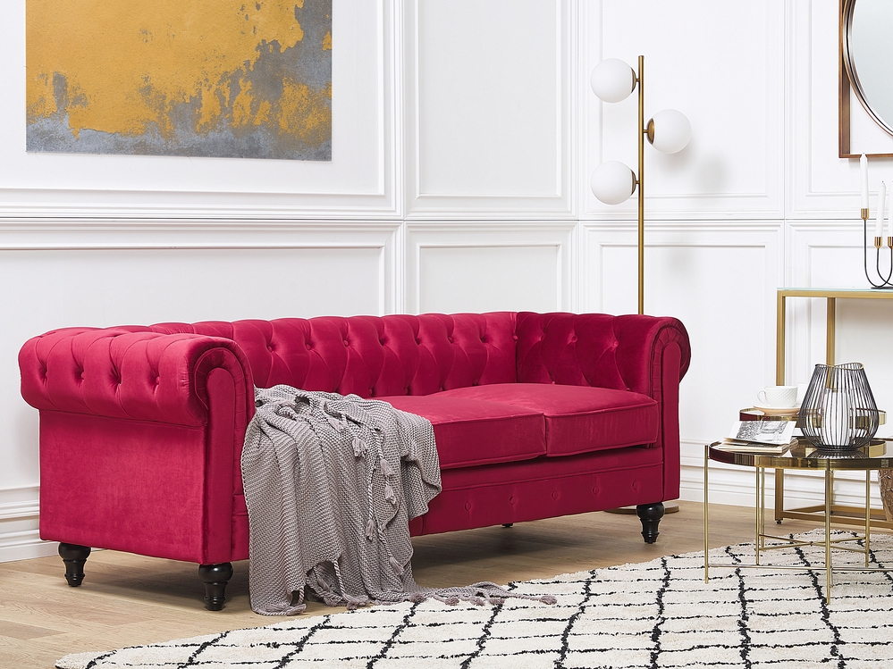 3 Seater Velvet Fabric Sofa Red CHESTERFIELD Beliani