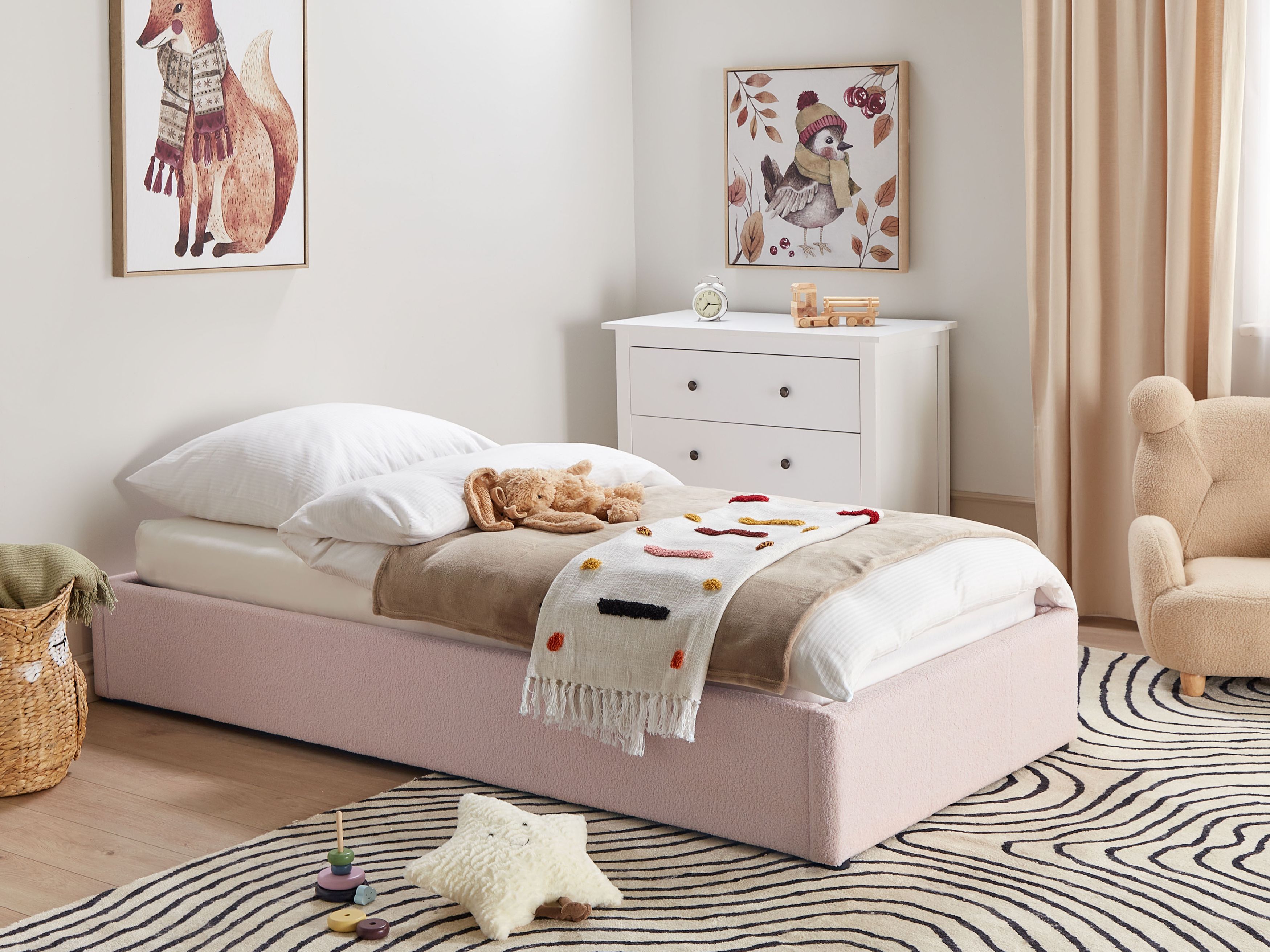 Sommier de casal com arrumação em tecido bouclé rosa 90 x 200 cm DINAN ...