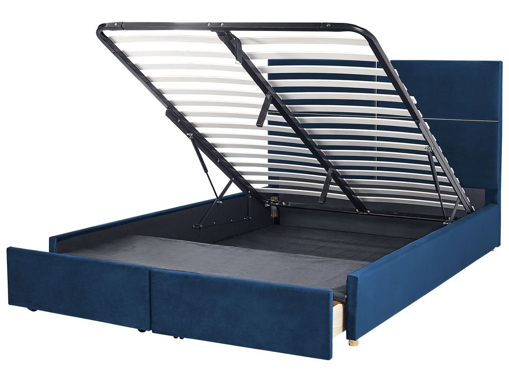 Velvet EU Super King Size Ottoman Bed with Drawers Navy Blue VERNOYES Beliani