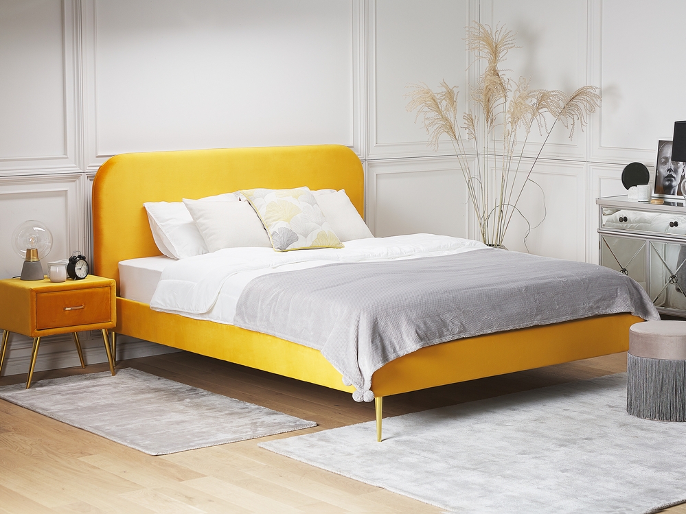Bed Velvet FLAYAT 140 x 200 cm EU Double Yellow Beliani