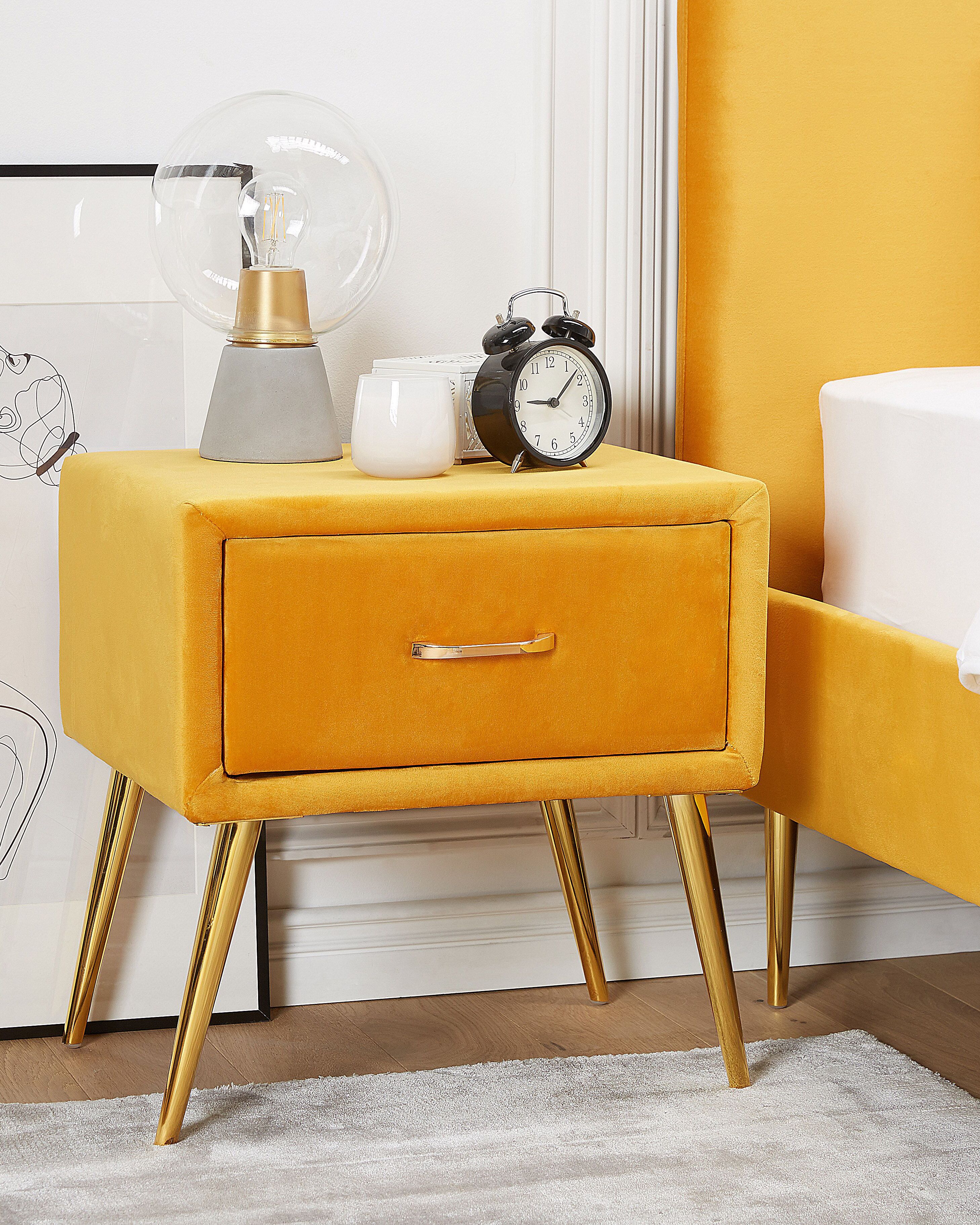 1 Drawer Bedside Table FLAYAT Velvet Mustard | Beliani.co.uk