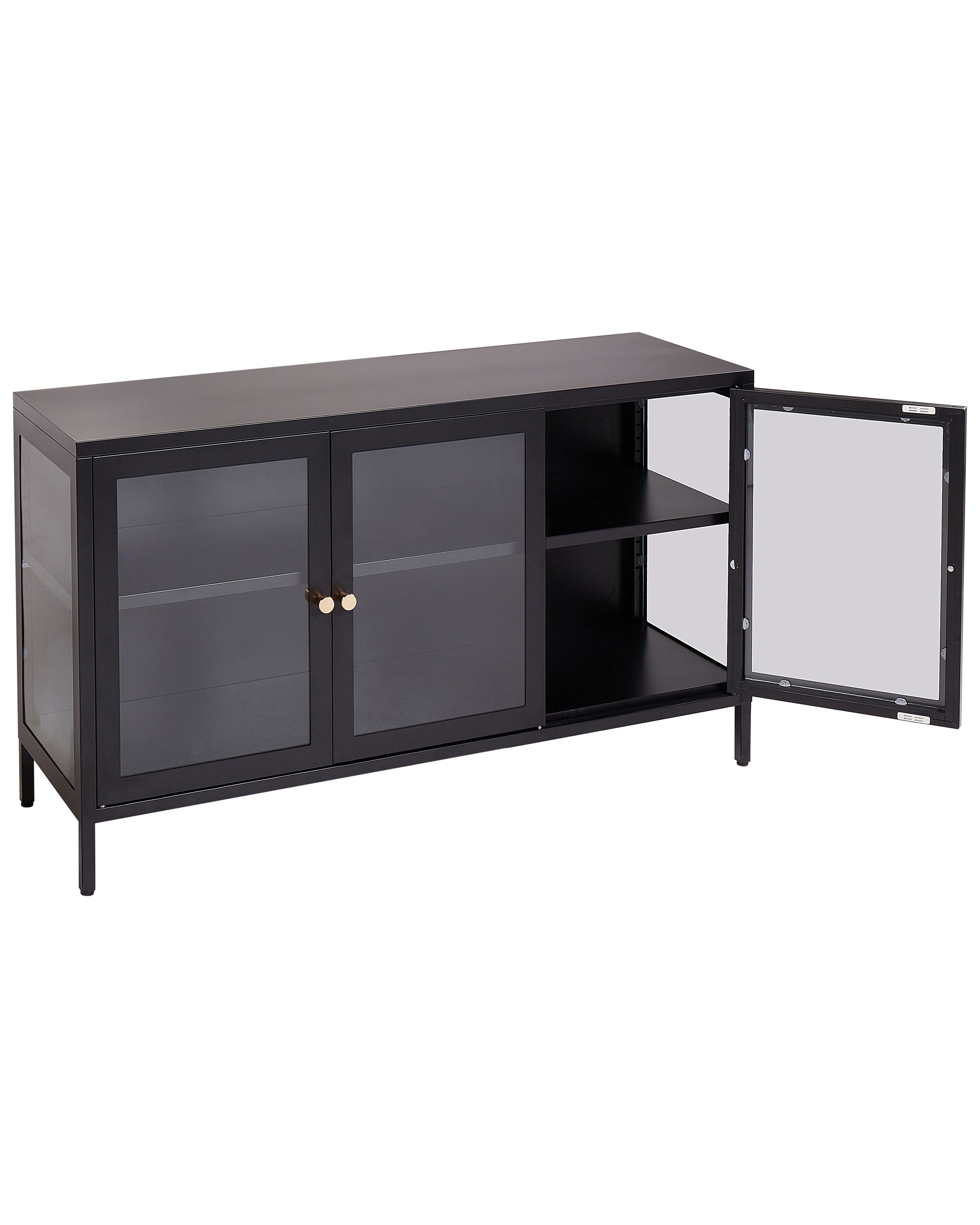 3 Door Metal LED Sideboard with Glass Display Black NEWPORT | Beliani.co.uk
