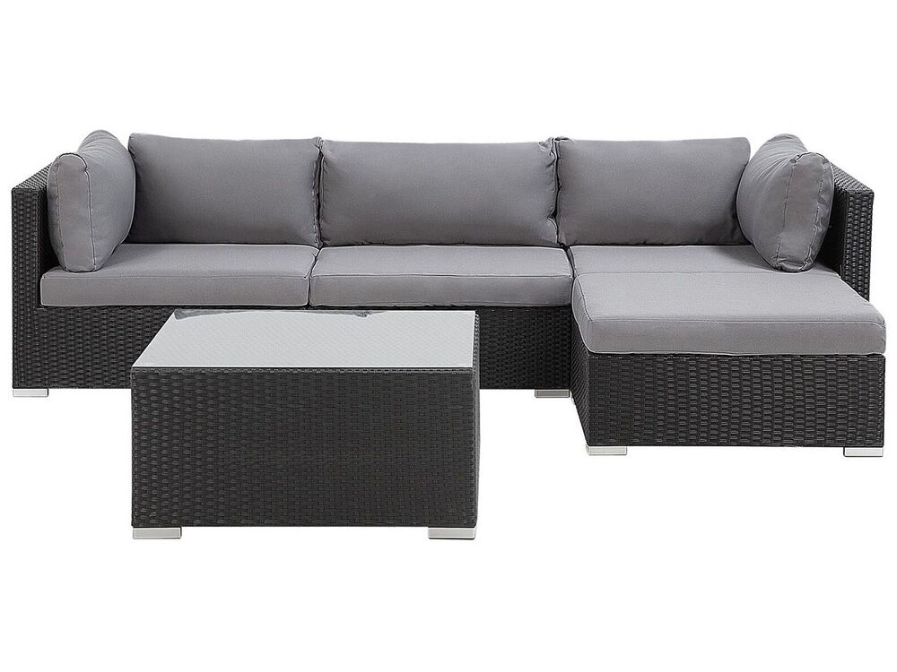 Black rattan garden furniture with grey cushions store