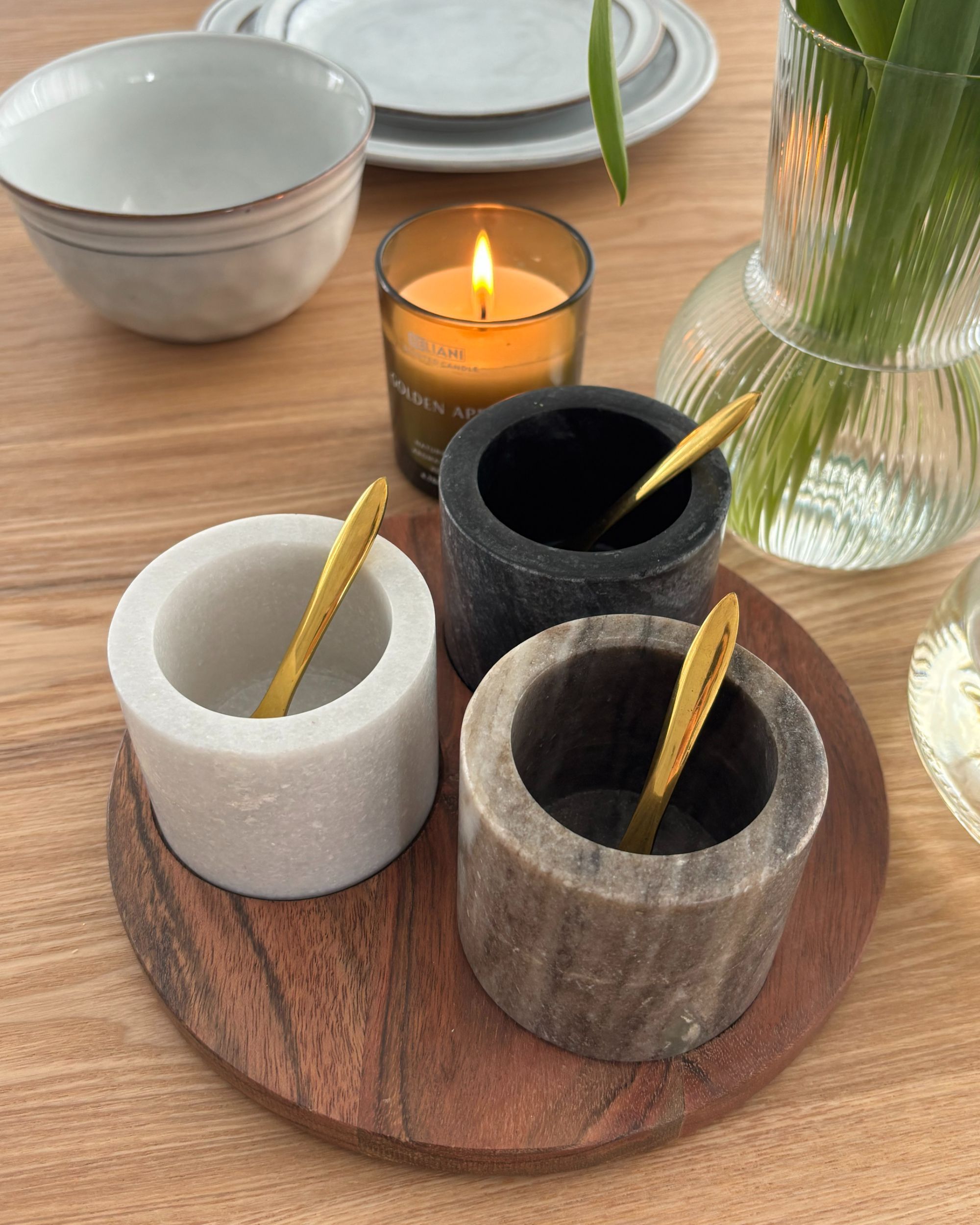 3 Bowl Serving Tray with Teaspoon HERAKLION Stone Marble Multicolour ...