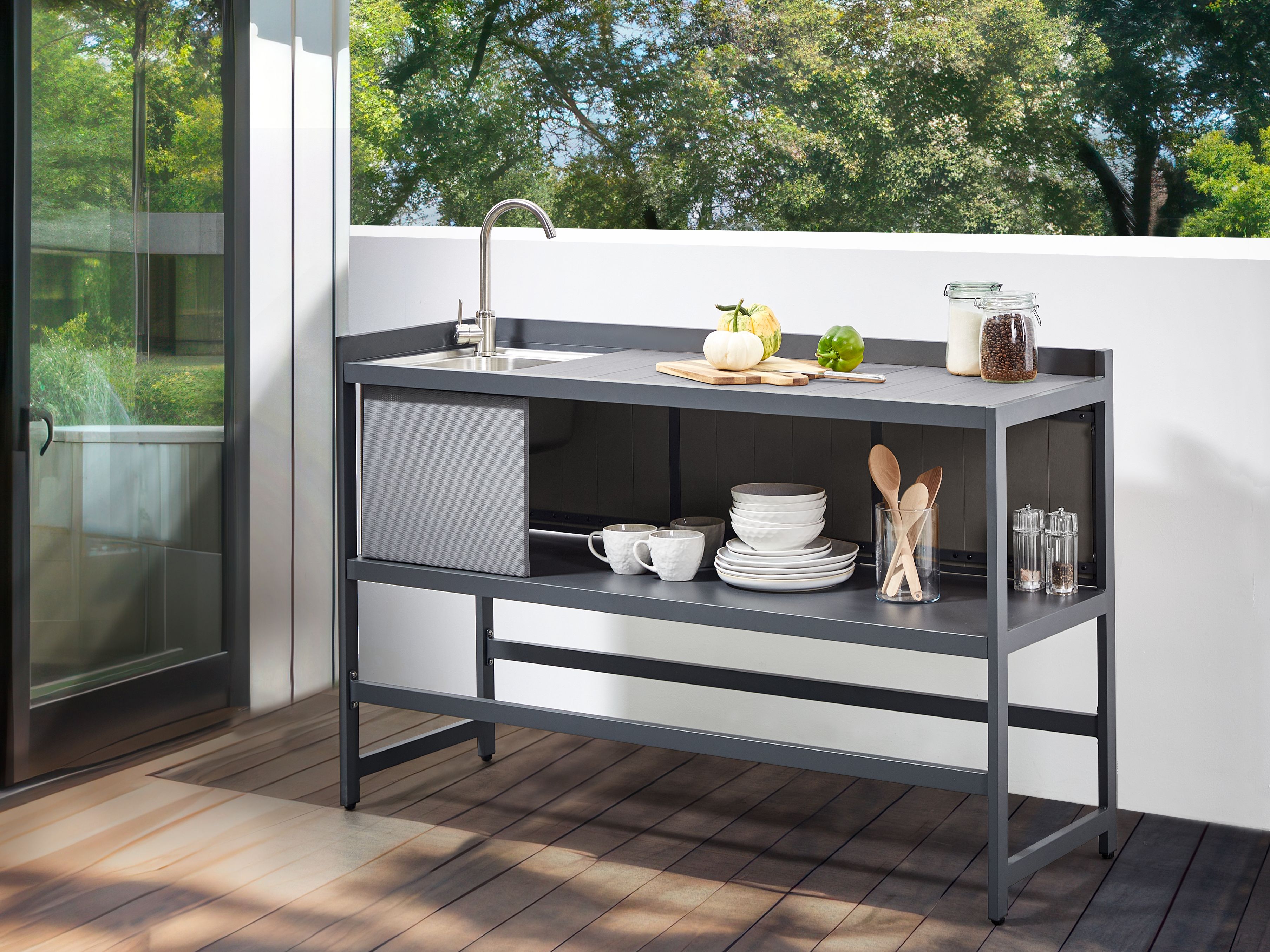 3 Piece Outdoor Kitchen Island with Trolley and Cabinet Set with Sink ...