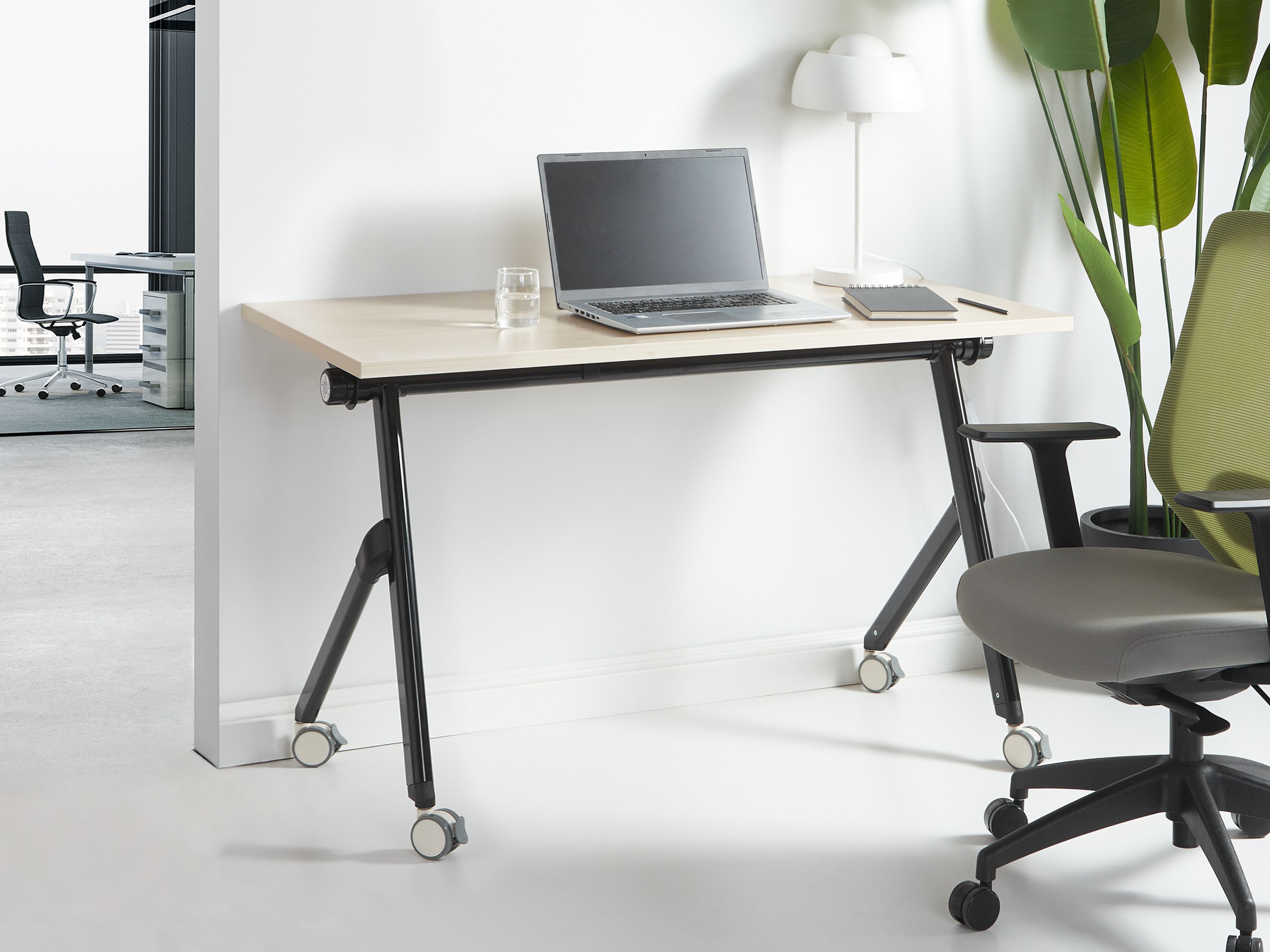 Folding Office Desk with Casters 120 x 60 cm Light Wood and Black BENDI ...