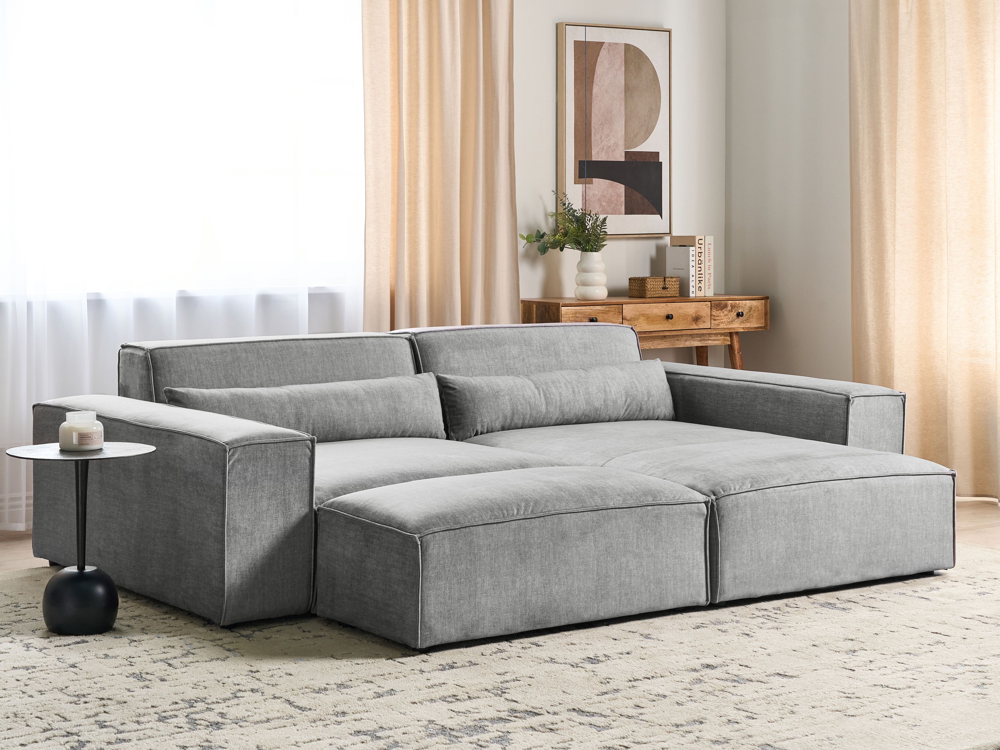 Left Hand 2 Seater Modular Fabric Corner Sofa with Ottoman Grey HELLNAR ...