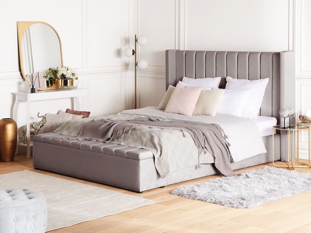 Velvet EU King Size Bed with Storage Bench Grey NOYERS Beliani