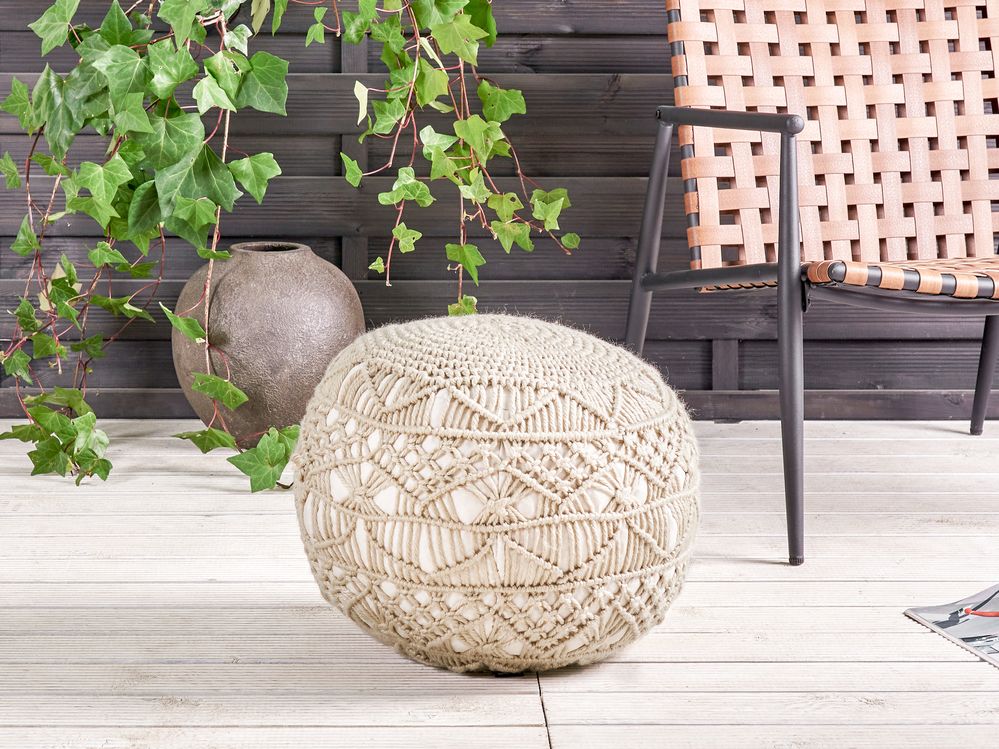 Footstool Macramé NAWABAD Cotton Beige | Beliani.co.uk