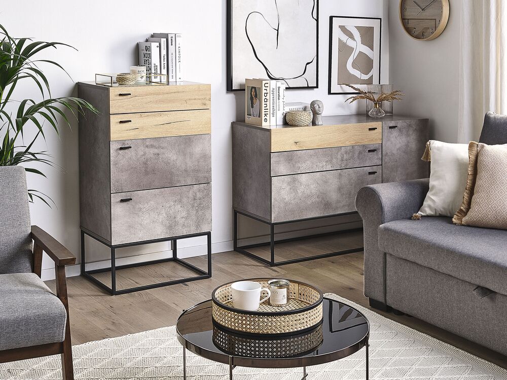 4 Drawer Chest Concrete Effect with Light Wood ACRA Beliani